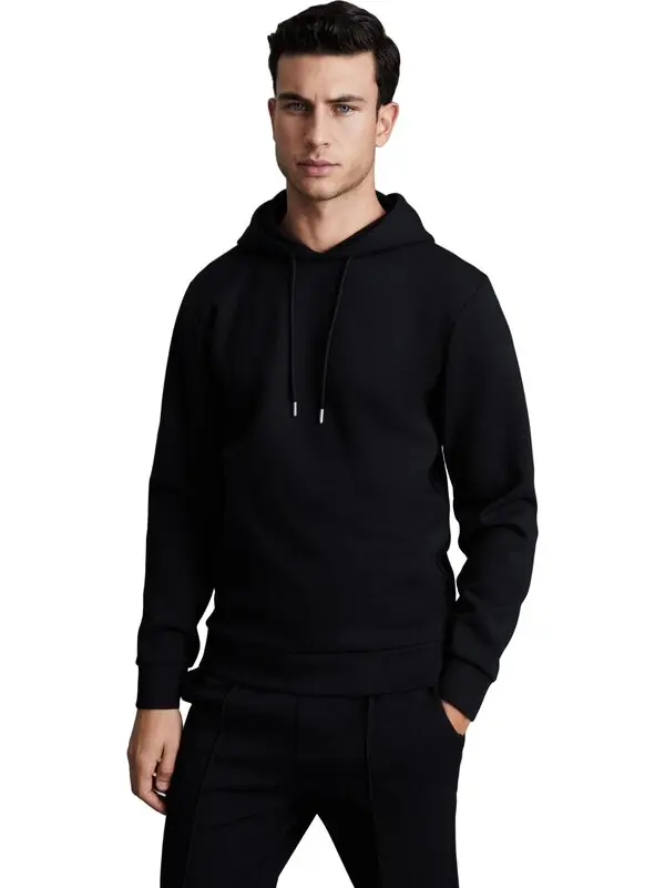 REISS Fabien Interlock Jersey Hoodie - Navy Blue