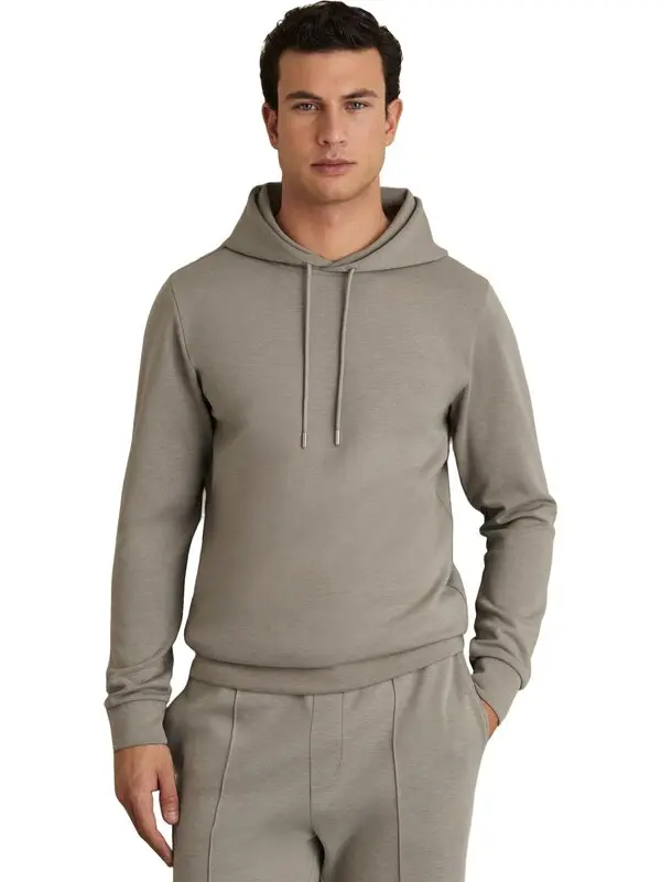 REISS Fabien Interlock Jersey Drawstring Hoodie - Taupe