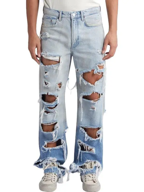 FRAME Boxy Ripped Straight Leg Jeans - Lagoon Rips