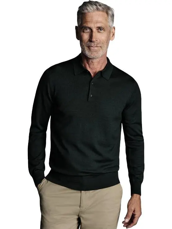 CHARLES TYRWHITT Merino Long Sleeve Polo Sweater - Forest Green