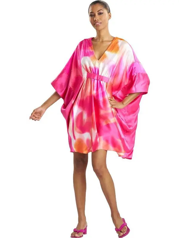 Natori Malaga Embellished Short Silk Kaftan - Coral