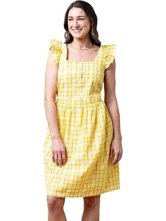 HOPE & HENRY Flutter Sleeve Sun Dress - Yellow Plaid Linen
