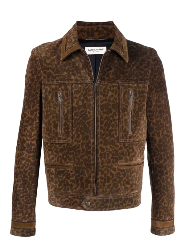 Saint Laurent Leopard-print Suede Jacket - Brown