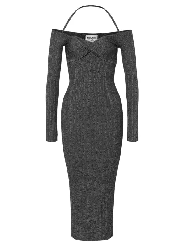 MOSCHINO JEANS Off-shoulder Ribbed Midi Dress - Grey
