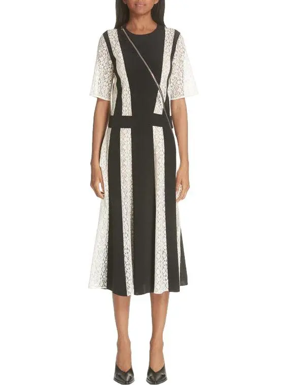 Stella McCartney Lace Stripe Silk Midi Dress - Black