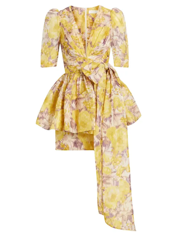 Zimmermann Floral-print Linen And Silk-blend Mini Dress With Bow - Yellow