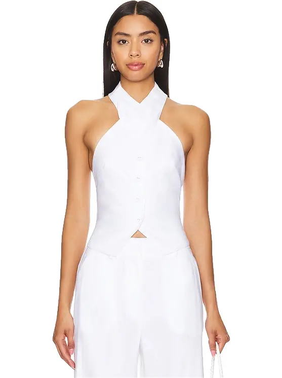MILLY Solid Linen Cross Neck Halter Top - White