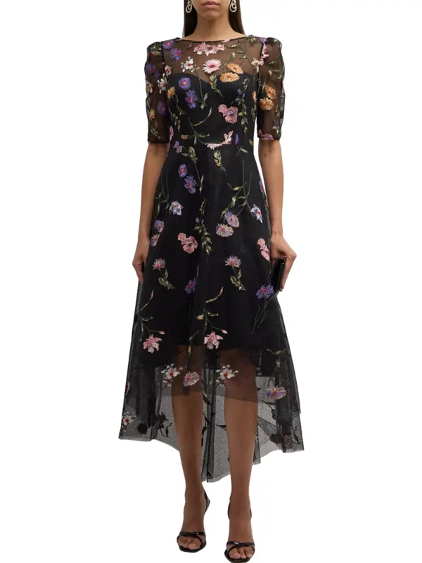 Rickie Freeman For Teri Jon Floral-embroidered Tulle Maxi Dress - Black Mult