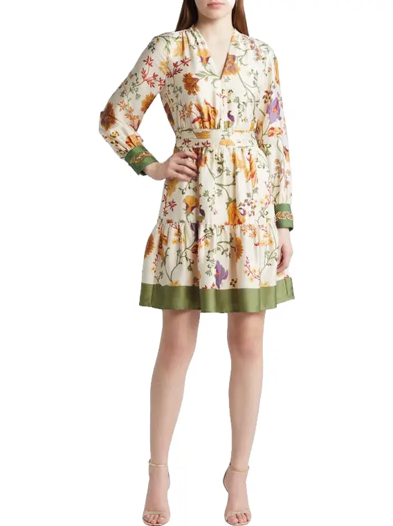 Anne Klein Floral Print Long Sleeve Dress - Ivory Shell Multi
