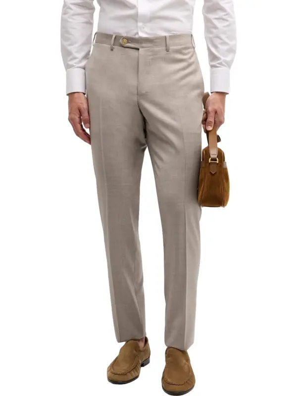 Canali Solid 150s Wool Twill Trousers - Beige