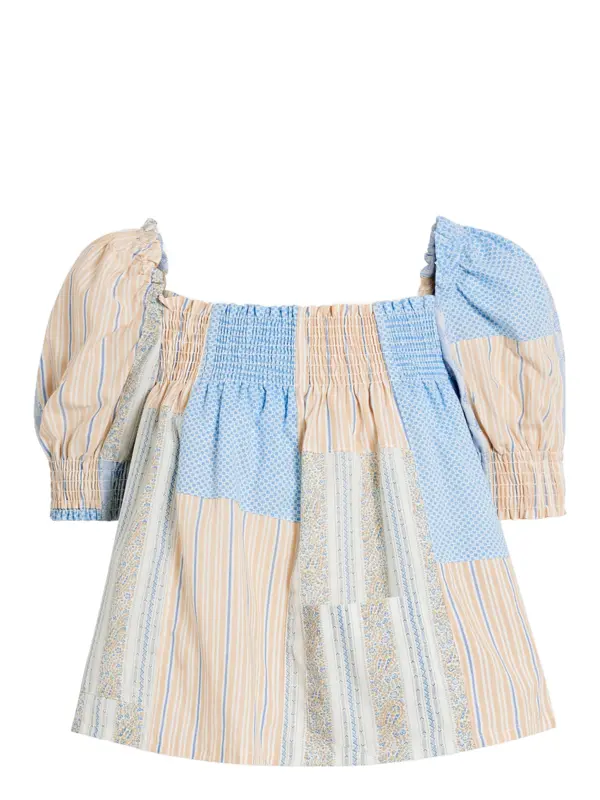 RE/DONE 70s Shirred Patchwork Printed Top - Light Blue