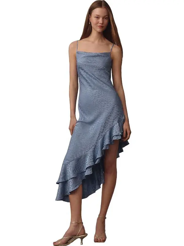 Bhldn Mila Asymmetric Cheetah Satin Ruffle Jacquard Midi Dress - Cloudy Blue
