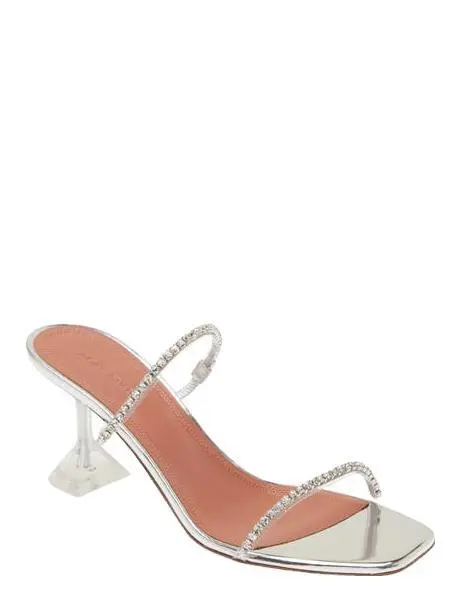 Amina Muaddi Gilda Crystal Strap Slide Sandal - Silver/ Crystals