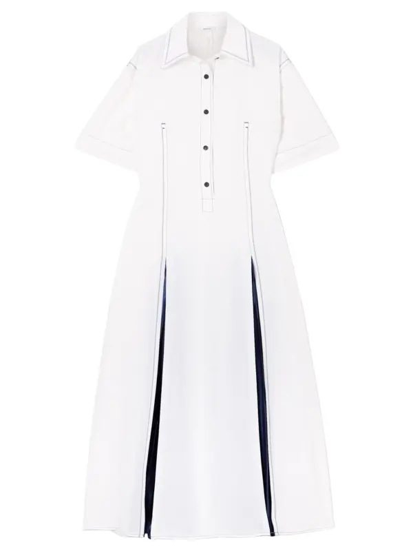 FERRAGAMO Topstitched Satin-trimmed Poplin Midi Dress - White