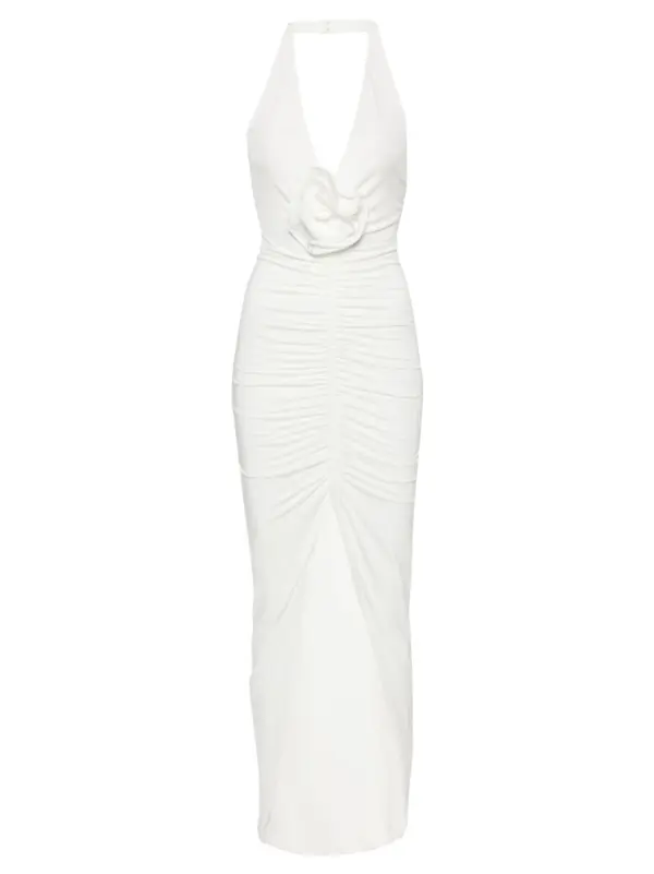 NISSA Floral-appliqué Ruched Gown - White