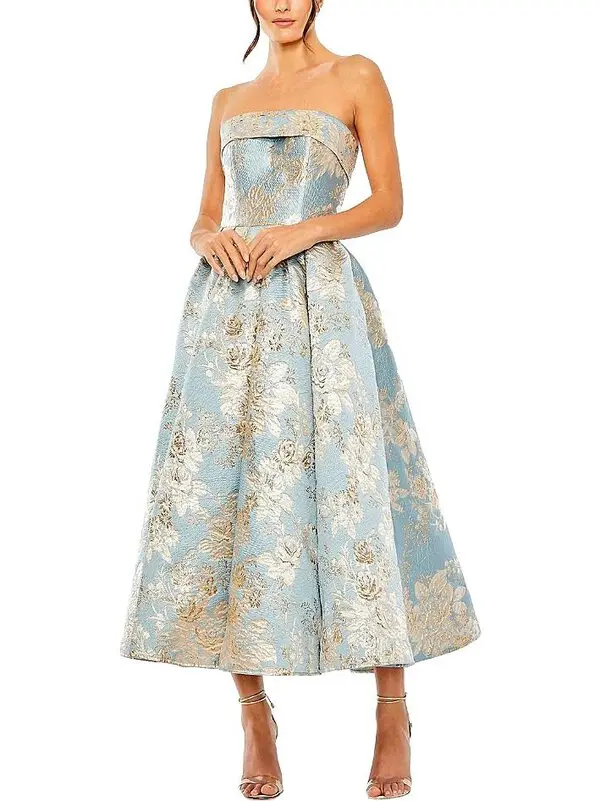 Mac Duggal Strapless Brocade Midi Dress - Blue Multi