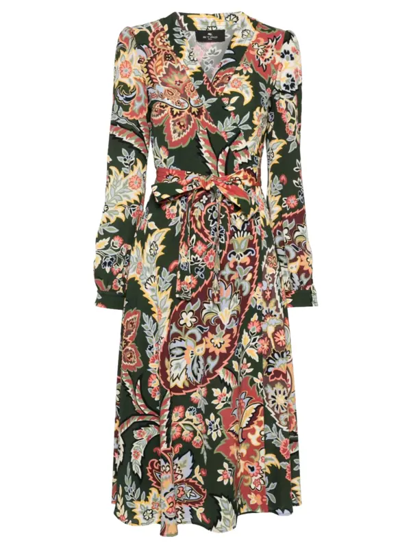 Etro Floral Crepe Midi Wrap Dress - Green