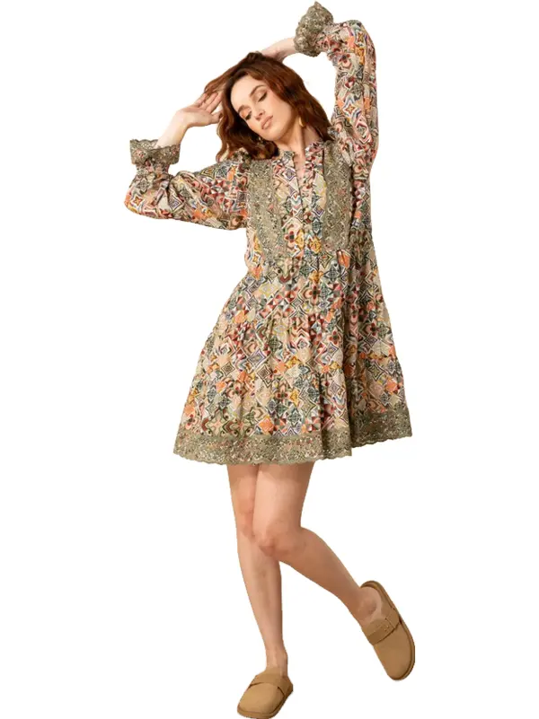 Hale Bob Amari Embroidered Dress - Green