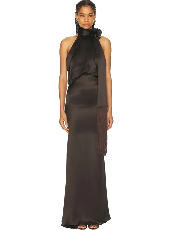 Attico Fringe Long Dress - Dark Brown