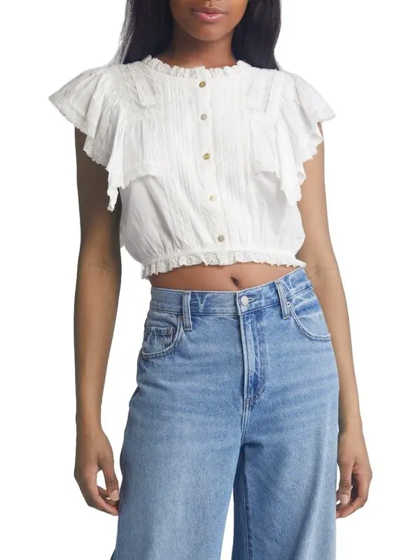 LoveShackFancy Nora Lace Ruffle Crop Top - Antique White