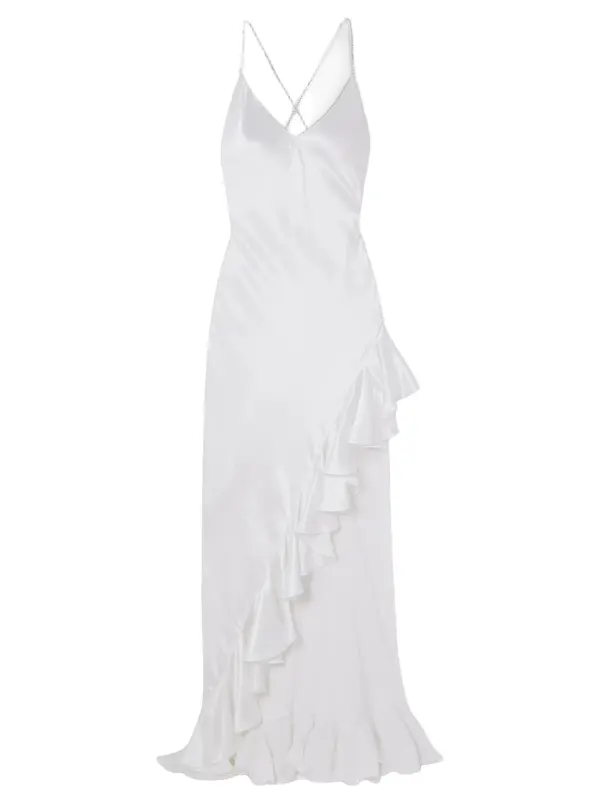 Michael Lo Sordo Asymmetric Openback Ruffled Crystalembellished Silksatin Gown - White
