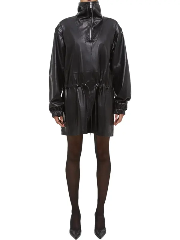 Helmut Lang Leather Drawstring Coat With Removable Sleeves - Black