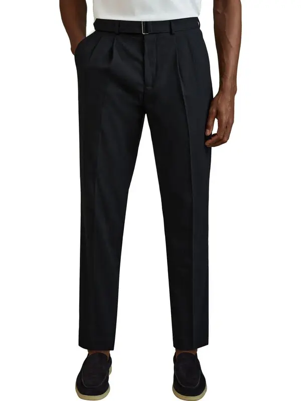 REISS Pin Belted Cropped Trousers - Navy