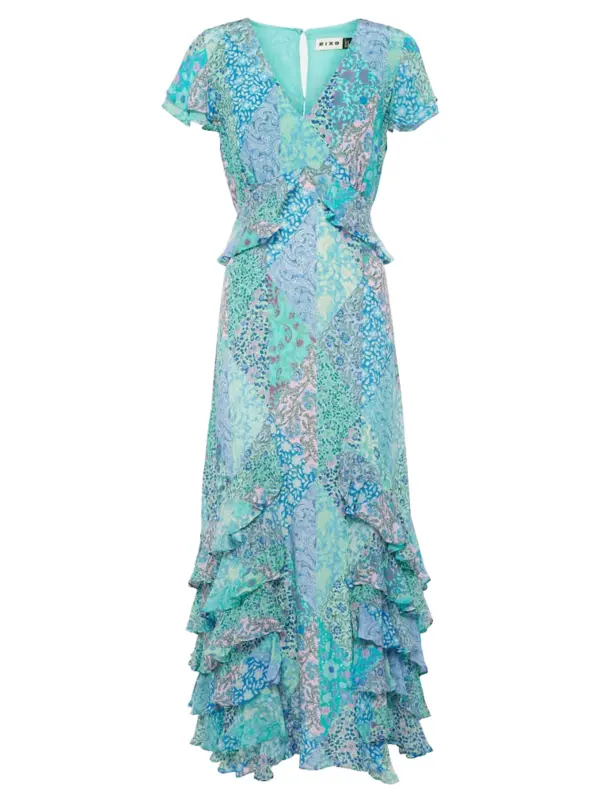 Rixo Thanvi Patchwork Silk Midi Dress - Blue