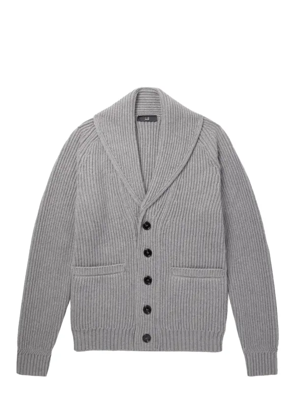 Dunhill Shawl-collar Ribbed Cotton And Cashmere-blend Cardigan - Gray