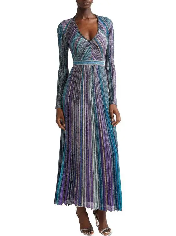 Missoni Sequin Striped Long Sleeve Sweater Dress - Dark Tones Multi