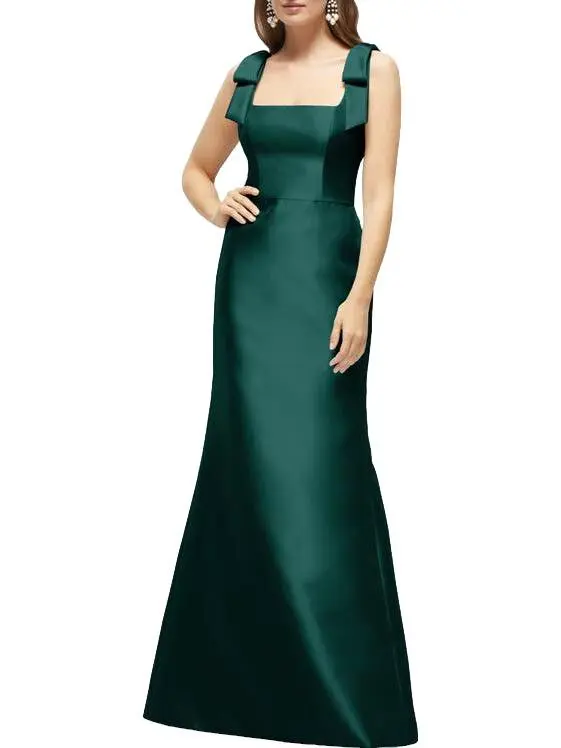 Alfred Sung Bow Strap Satin Twill Trumpet Gown - Evergreen
