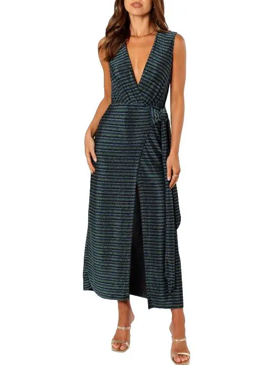 PETAL & PUP Tahlia Metallic Stripe Wrap Midi Dress - Blue Gold Stripe
