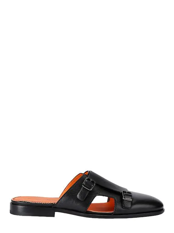 Santoni Leather Monk Double-buckle Mules - Black