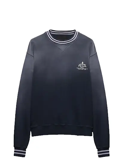 Prada Logo-print Contrast-stripe Cotton Sweatshirt - Blue