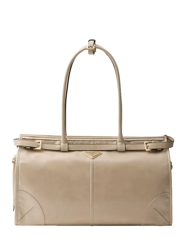 Prada Leather Top-handle Bag With Logo Plaque - Neutral