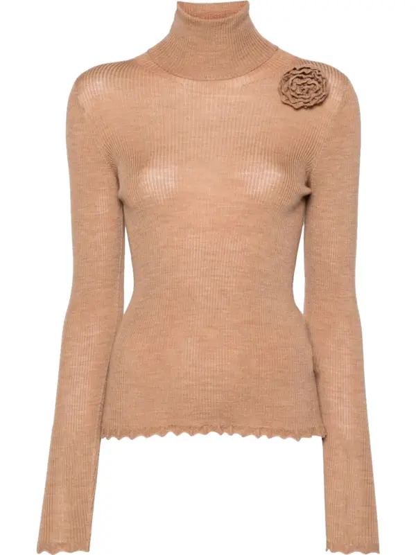 Blumarine Floral Brooch Roll Neck Jumper - Neutrals