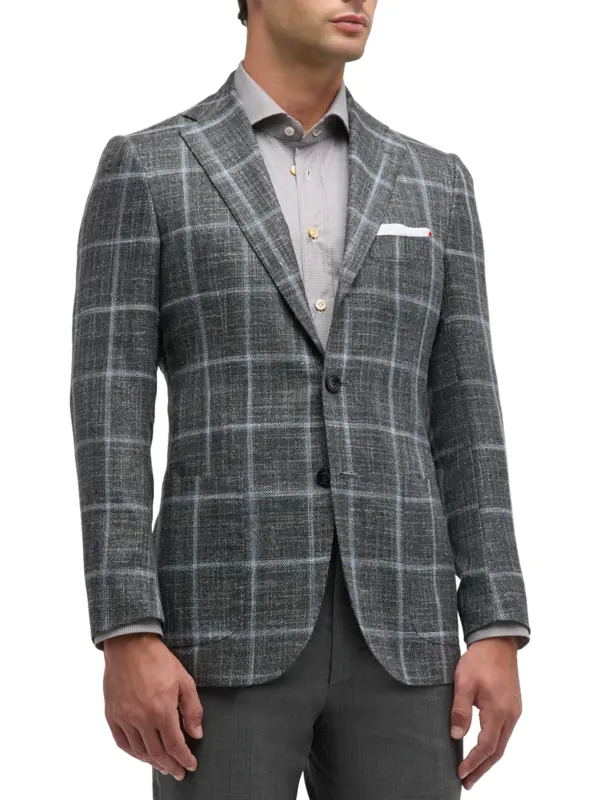 Kiton Windowpane Cashmere-virgin Wool Sport Coat - Gry