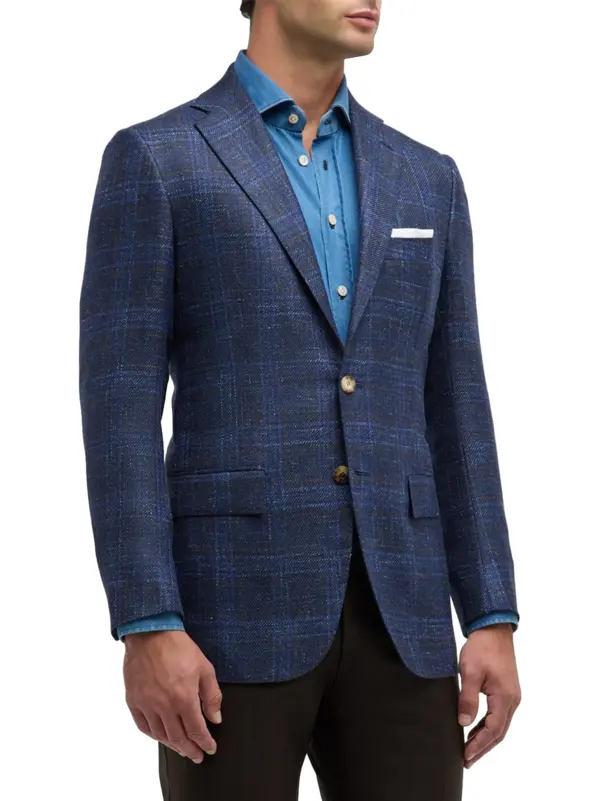 Kiton Wool-cashmere Plaid Sport Coat - Navy Mult