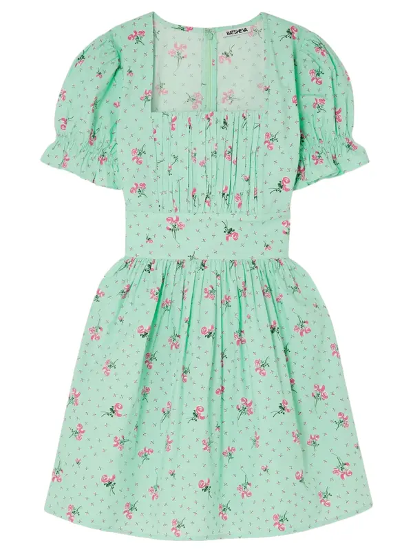 Batsheva Popham Pintucked Floral-print Cotton-poplin Mini Dress - Mint