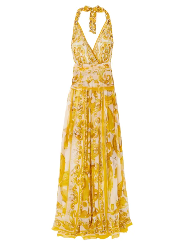 Dolce & Gabbana Maiolica Open-back Pleated Printed Silk-chiffon Halterneck Maxi Dress - Yellow