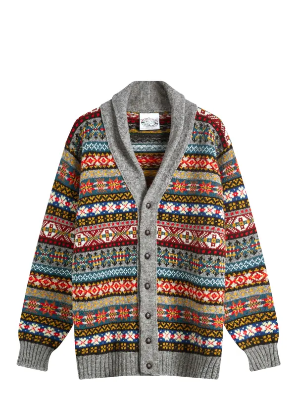 JAMIESON'S OF SHETLAND Fair Isle Shawl Collar Cardigan - Steel Grey