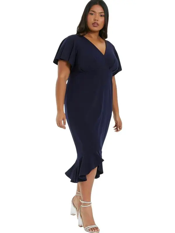 QUIZ V-neck Frill Hem Midi Dress - Blue