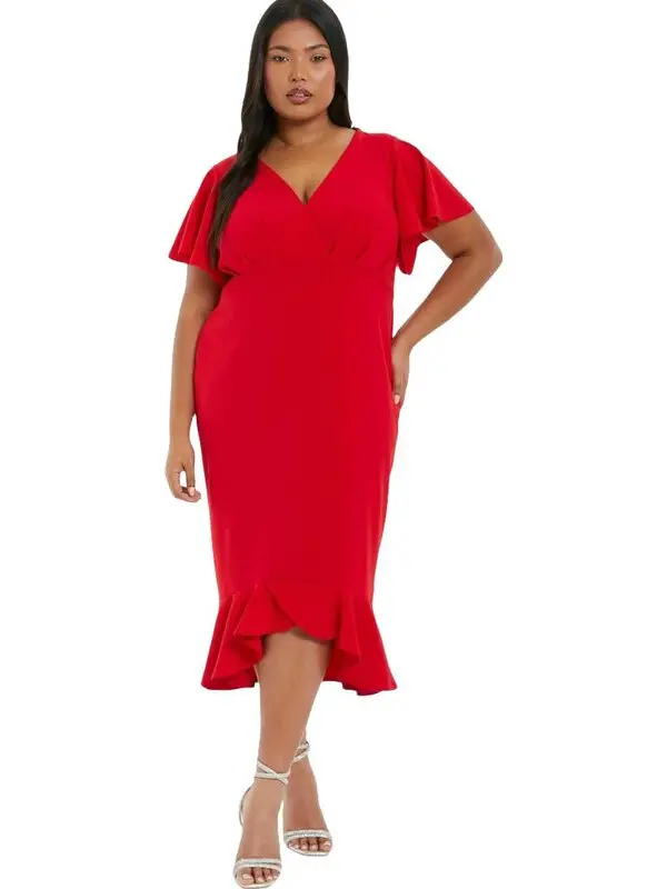 QUIZ V-neck Frill Hem Midi Dress - Red