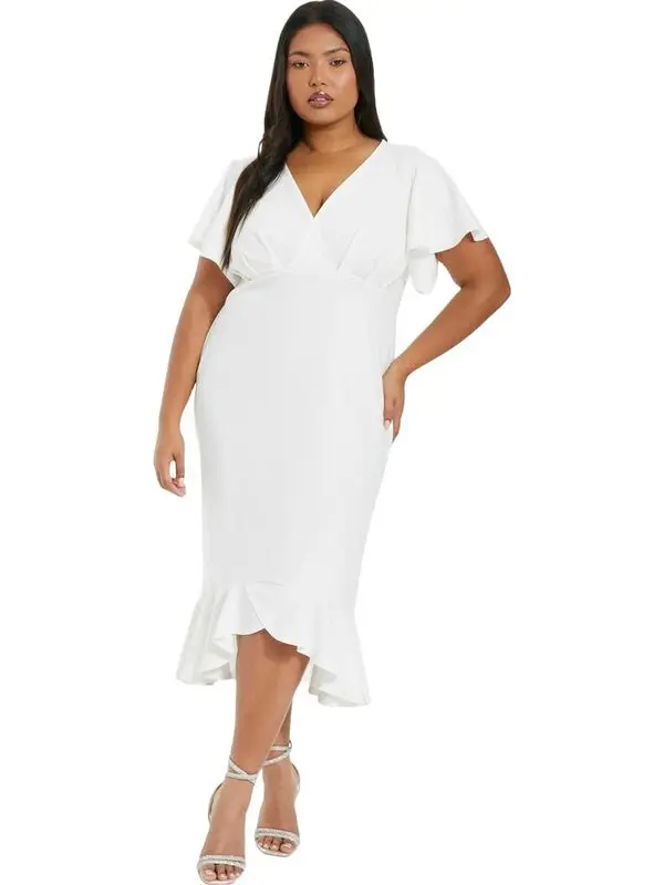 QUIZ V-neck Frill Hem Midi Dress - White