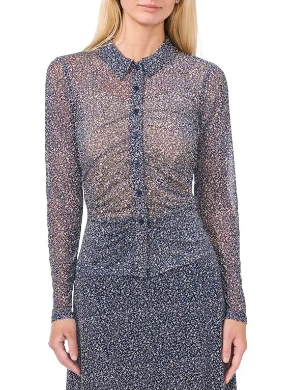 Halogen Print Mesh Button-up Shirt - Navy Blue