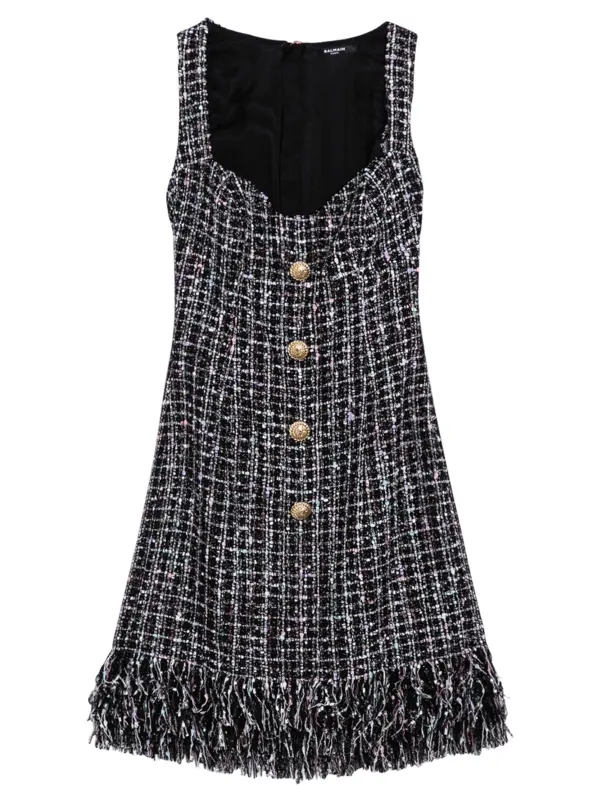 Balmain Tweed Mini Dress With Buttons - Black