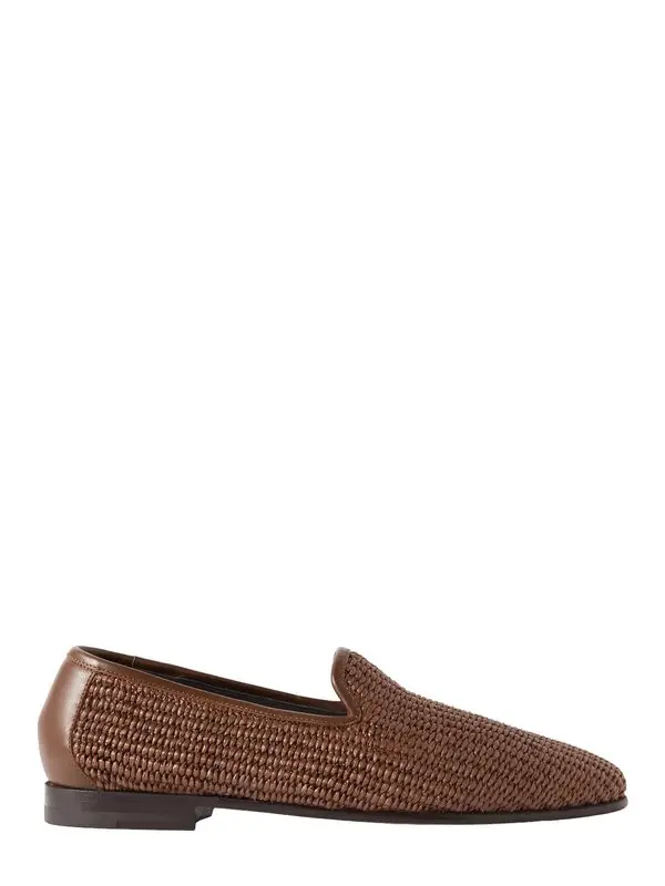 Manolo Blahnik Mario Leather-trimmed Raffia Loafers - Brown