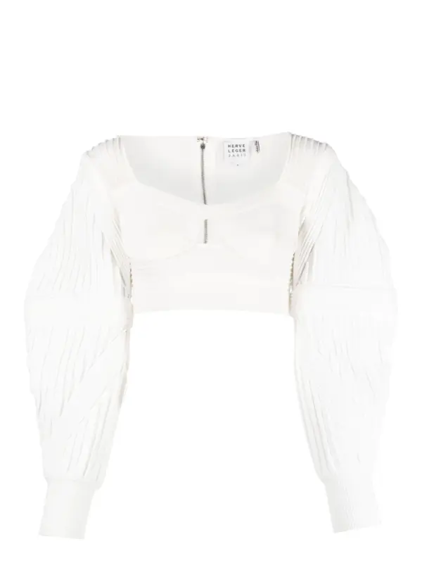 Herve Leger Puff-sleeve Pleated Blouse - White