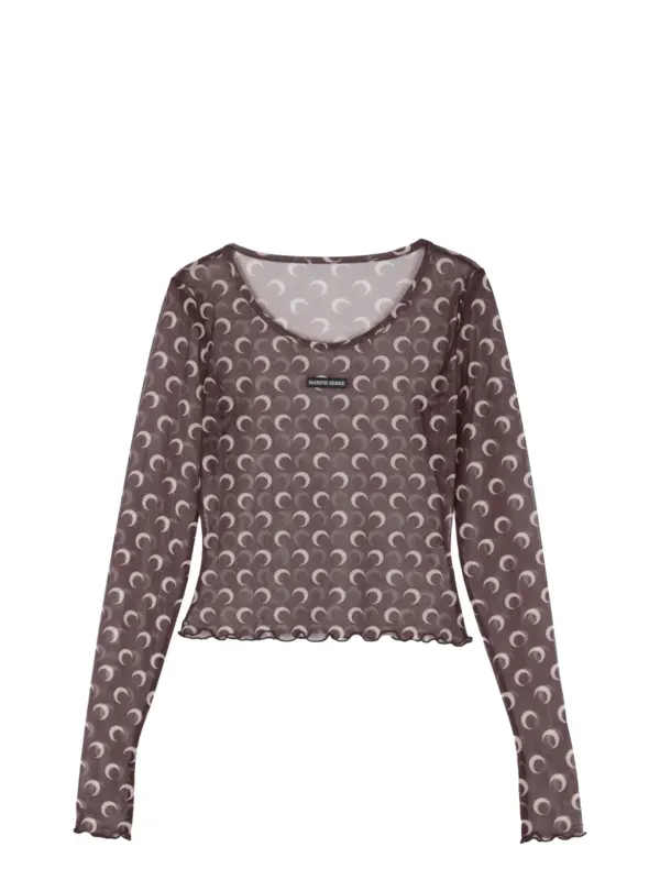 MARINE SERRE Moon-print Mesh Crop Top - Brown