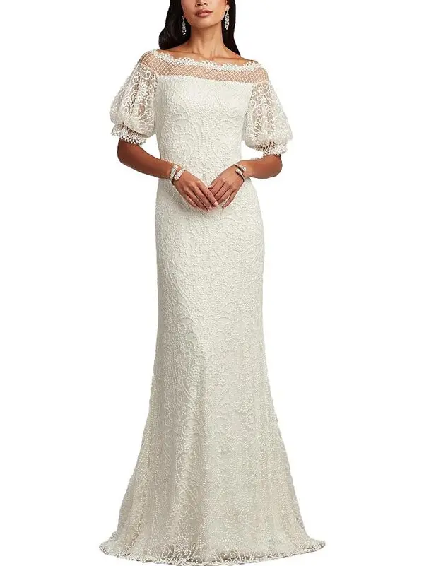 Tadashi Shoji Whelan Embroidered Gown - Light Beig
